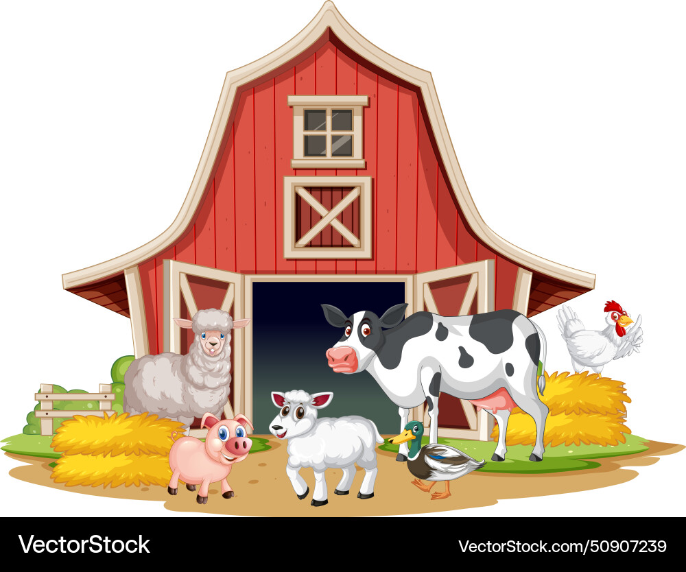 Farm animals in front of a barn Royalty Free Vector Image
