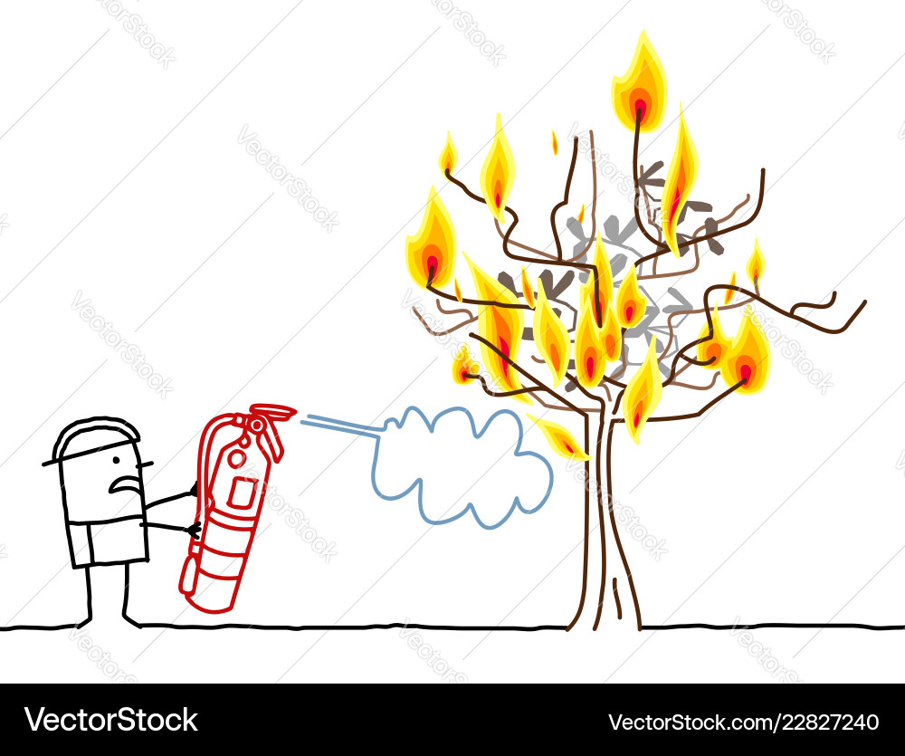 Cartoon fireman and burning tree Royalty Free Vector Image