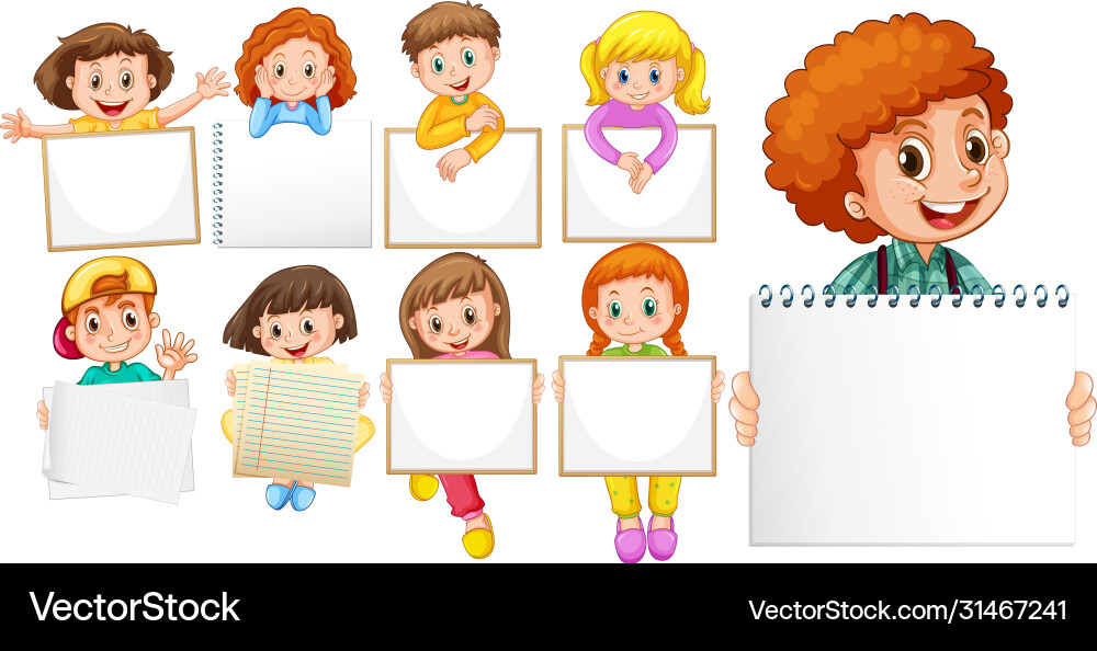 Blank sign template with happy children on white Vector Image