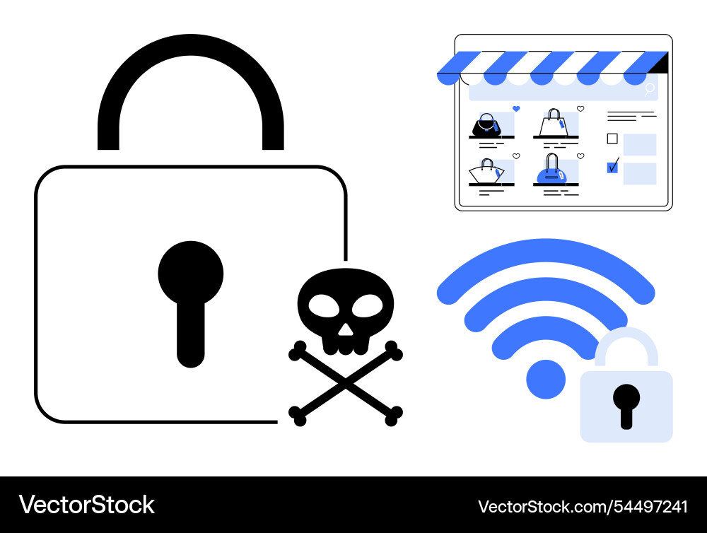 Cybersecurity elements including lock skull Vector Image