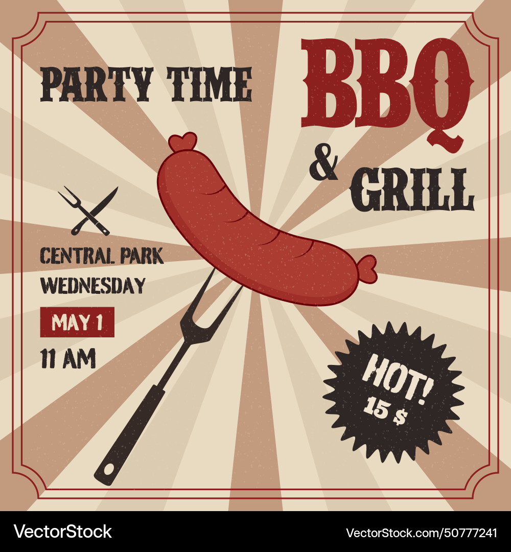 Retro barbecue poster with sausage on fork bbq Vector Image