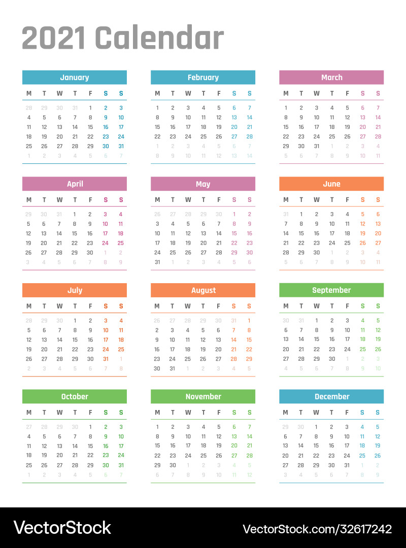 Calendar for 2021 starts monday Royalty Free Vector Image