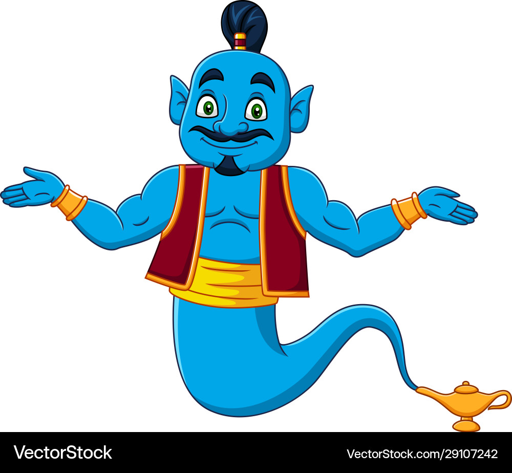 Cartoon genie appear from magic lamp Royalty Free Vector