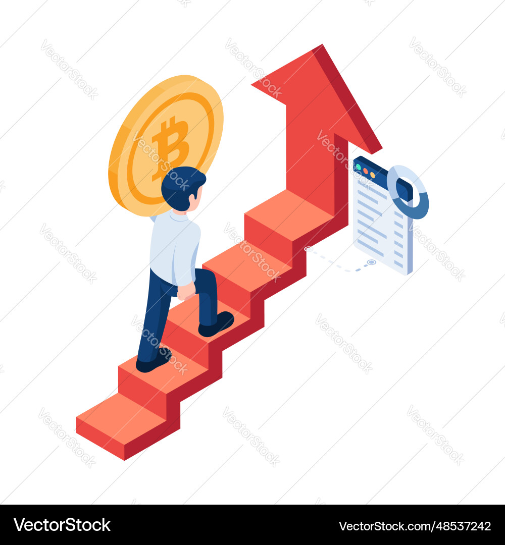 Isometric businessman carrying bitcoin step up Vector Image