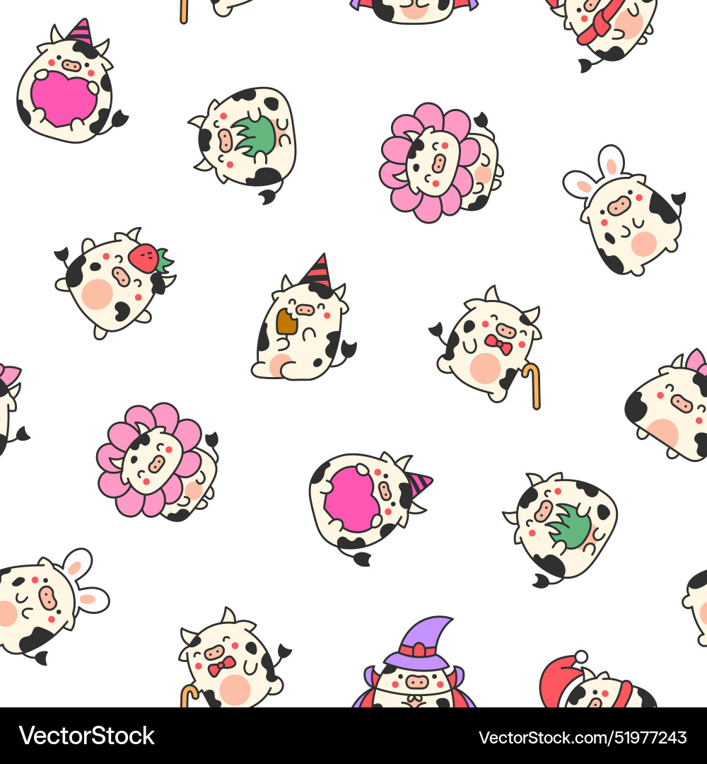 Cute cartoon kawaii cow seamless pattern Vector Image