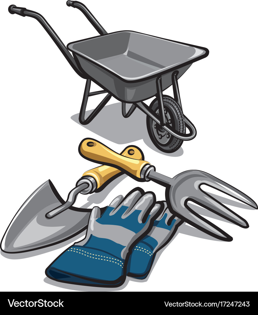 Gardening tools and wheelbarrow Royalty Free Vector Image