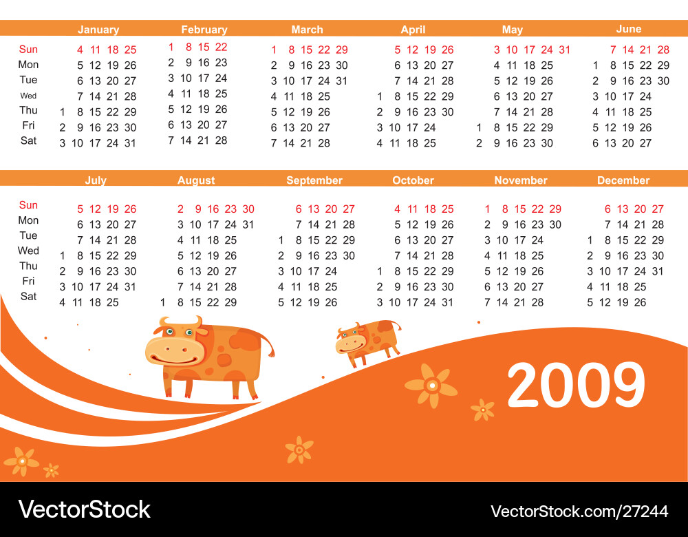2009 Kalender mit Kuh Lizenzfreies Vektorbild