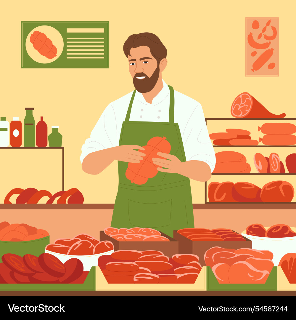 Butcher shop concept with a smiling Royalty Free Vector