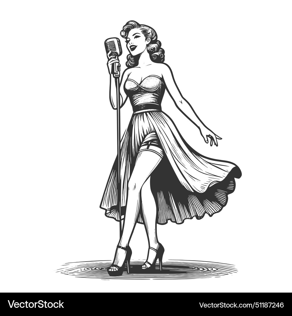 Female singer performing engraving Royalty Free Vector Image