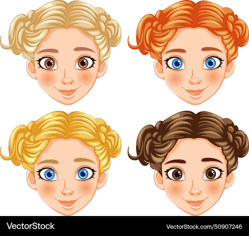 Four cartoon faces showing different hairstyles Vector Image