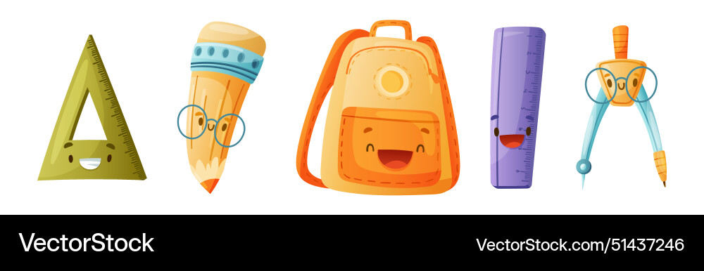 Funny school items with smiling faces as cartoon Vector Image