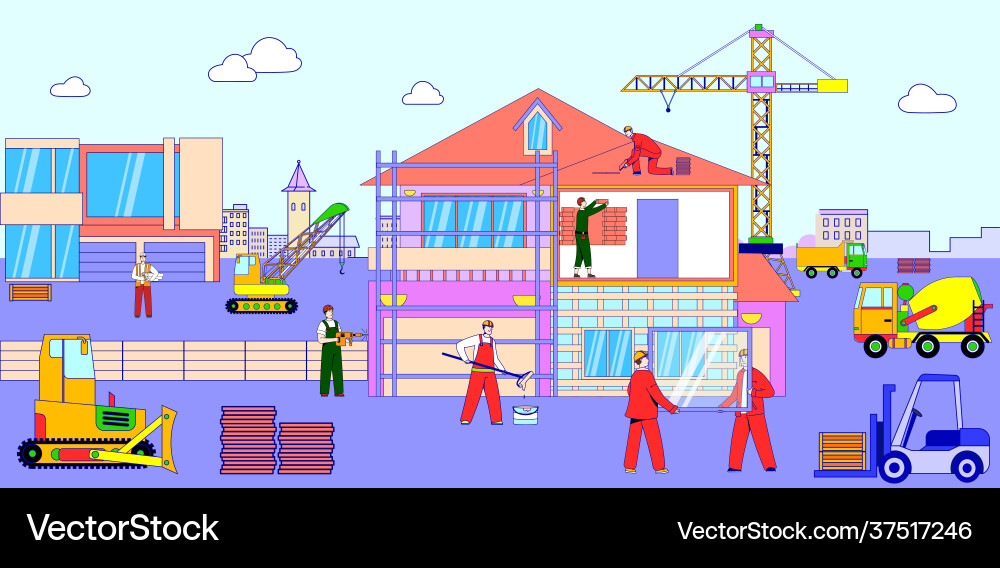 Team character male constructor building house Vector Image