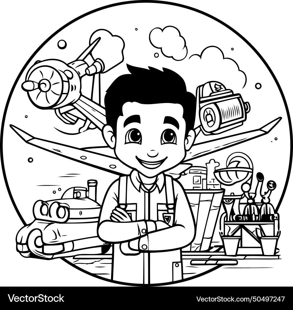 Cute cartoon man worker black and white coloring Vector Image