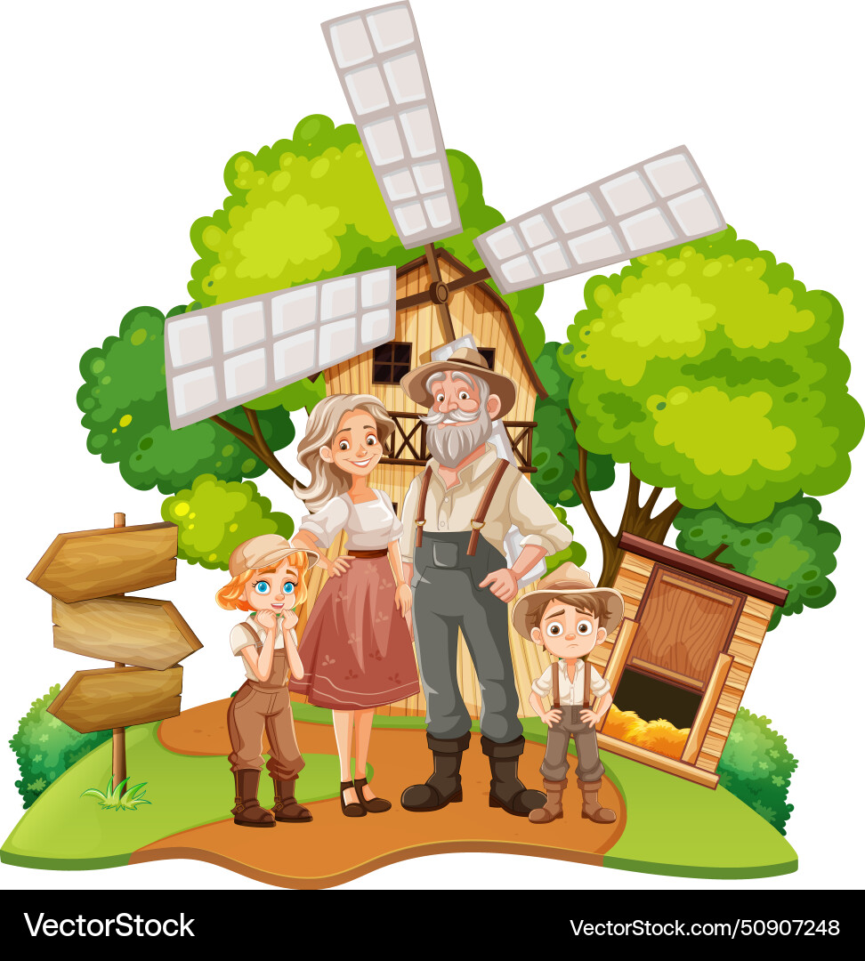 A family standing near windmill Royalty Free Vector Image