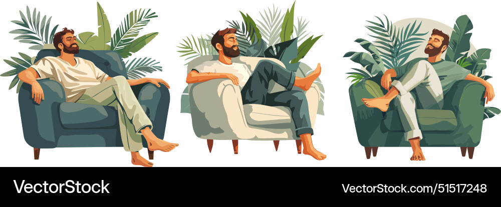 Man resting barefoot cartoon scenes beard Vector Image