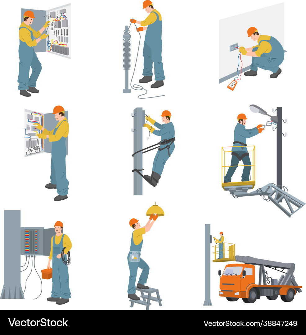 Electric workers flat set Royalty Free Vector Image