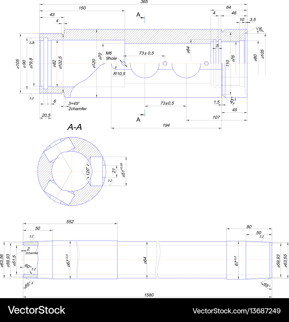 Engineering drawing of steel bush Royalty Free Vector Image