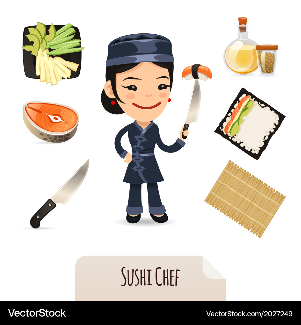 Female sushi chef icons set Royalty Free Vector Image