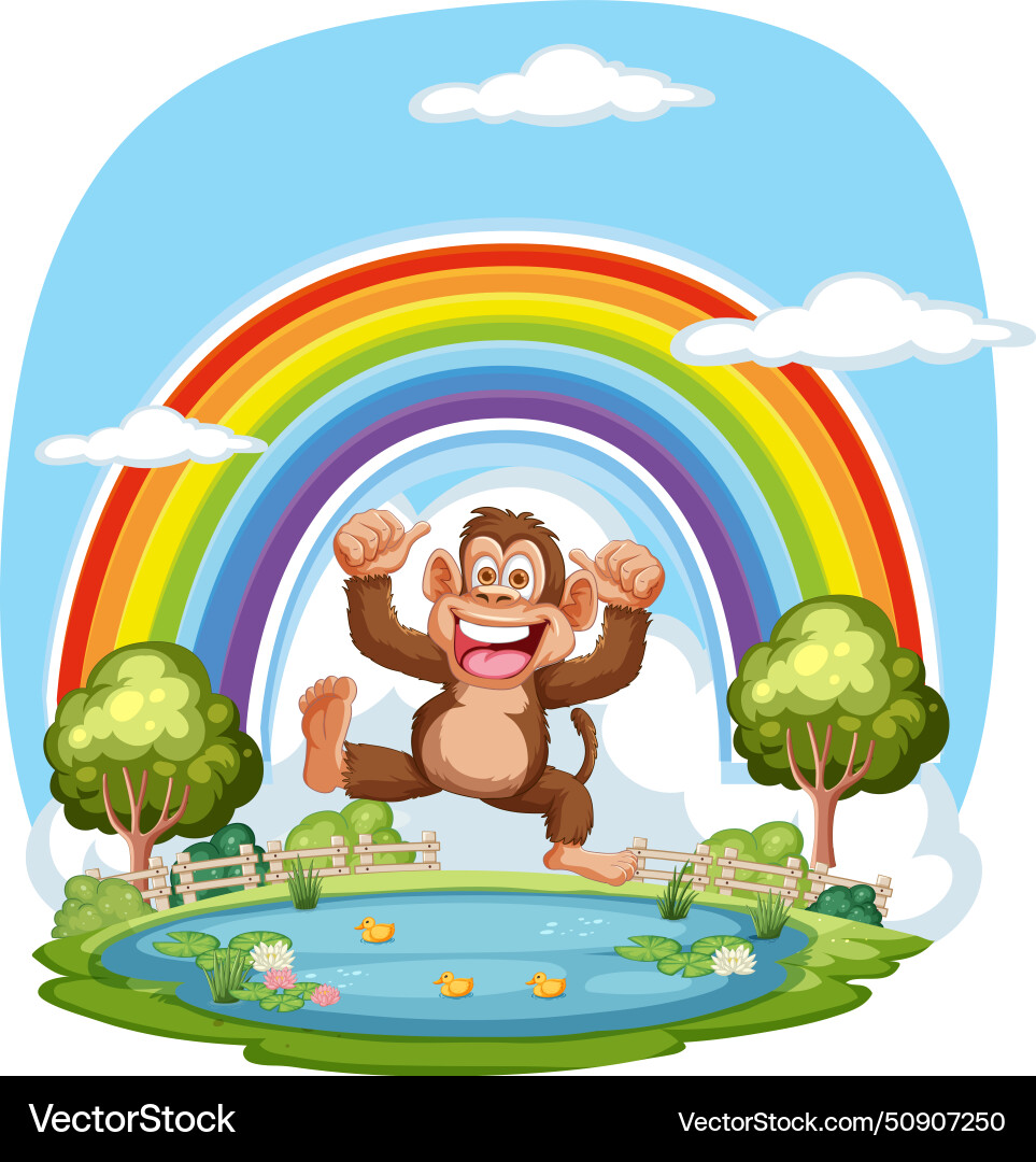Happy monkey with a colorful rainbow background Vector Image