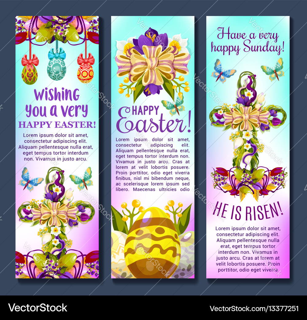 Easter greetings banner with egg cross flowers Vector Image