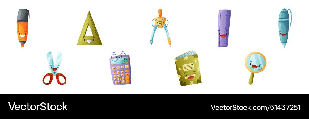 Funny school items with smiling faces as cartoon Vector Image