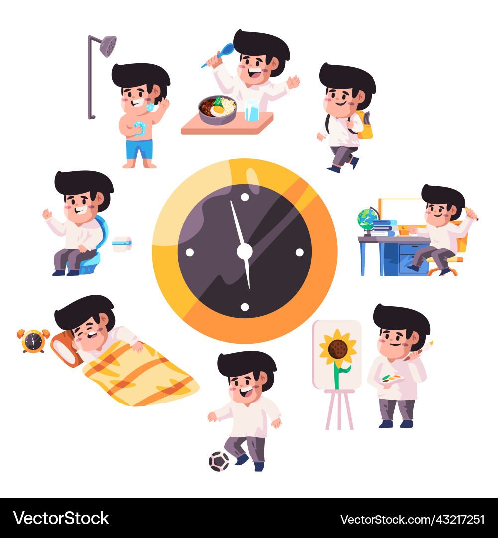 Kids daily activity around the clock from wake up Vector Image