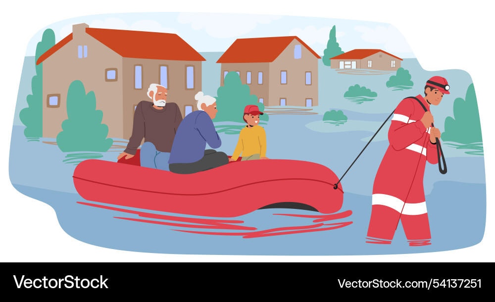 Rescue personnel guide two elderly individuals Vector Image