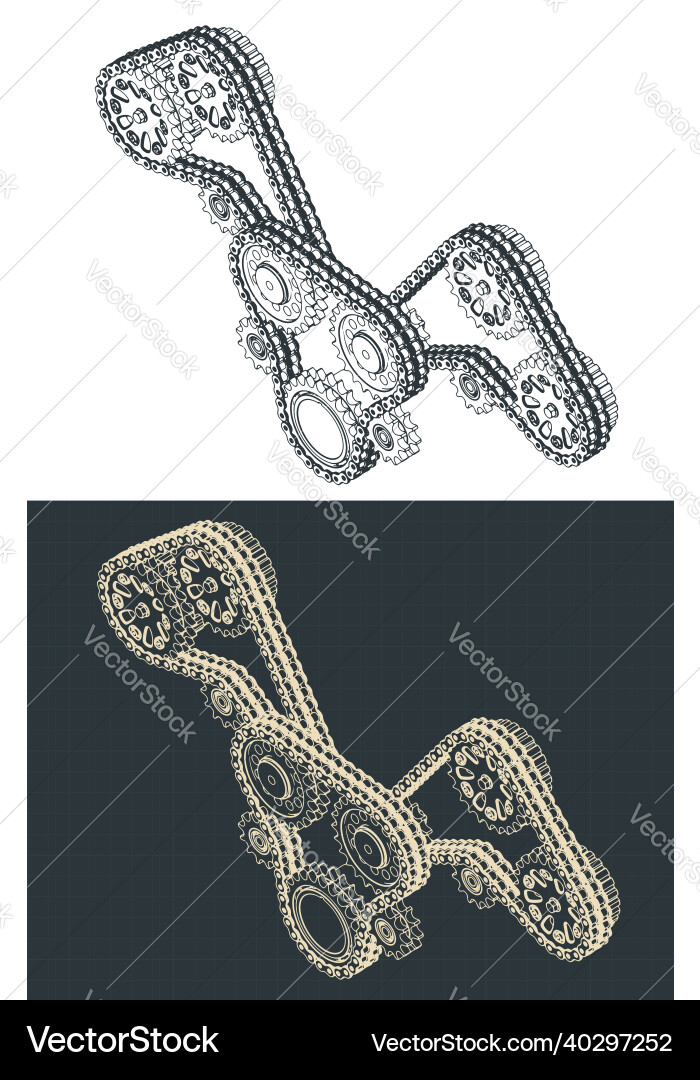 Chain drive and gears isometric drawings Vector Image