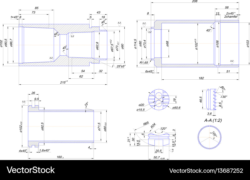 Steel Bush Engineering Drawing Royalty Free Vector Image