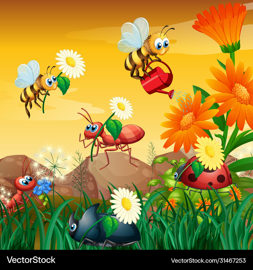 Scene with plants and insects in garden Royalty Free Vector
