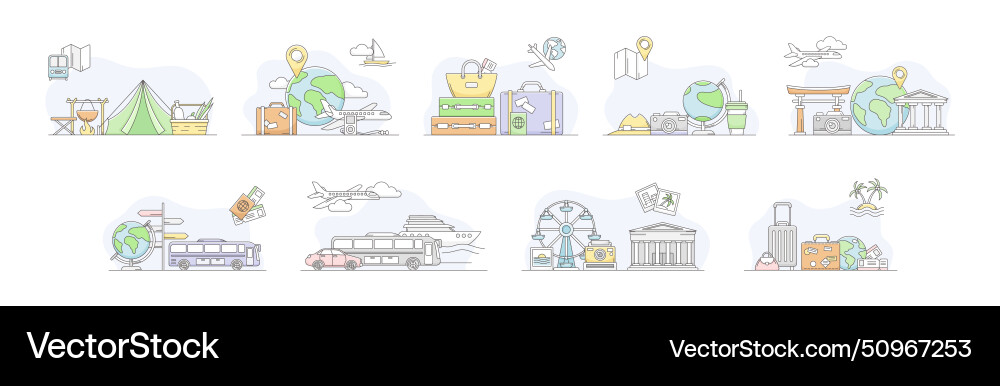 Travel and tourism element object line Royalty Free Vector