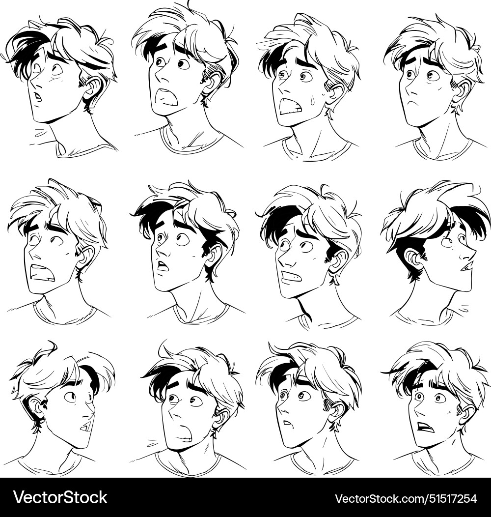 Manga guy avatars anime ink sketch set Royalty Free Vector