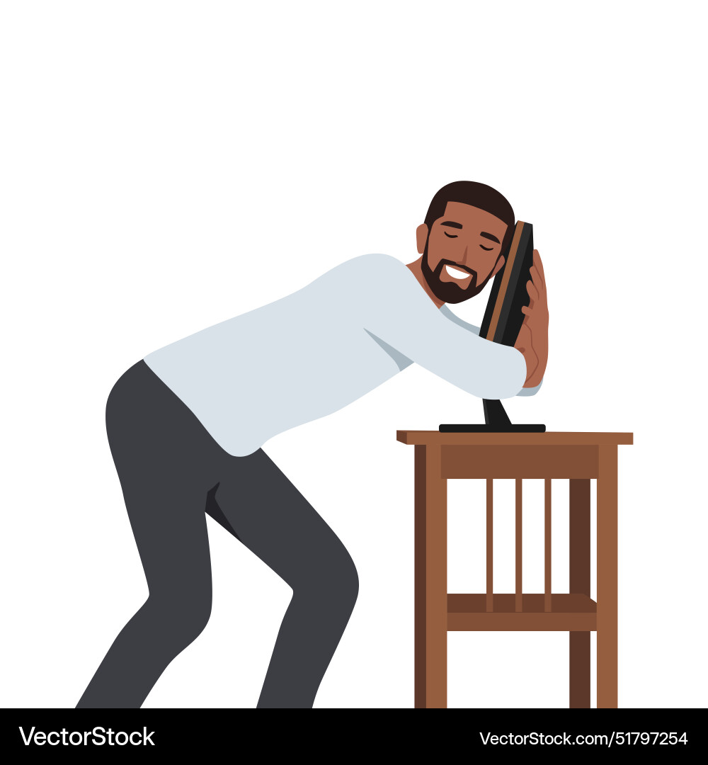 Young man hugging computer Royalty Free Vector Image