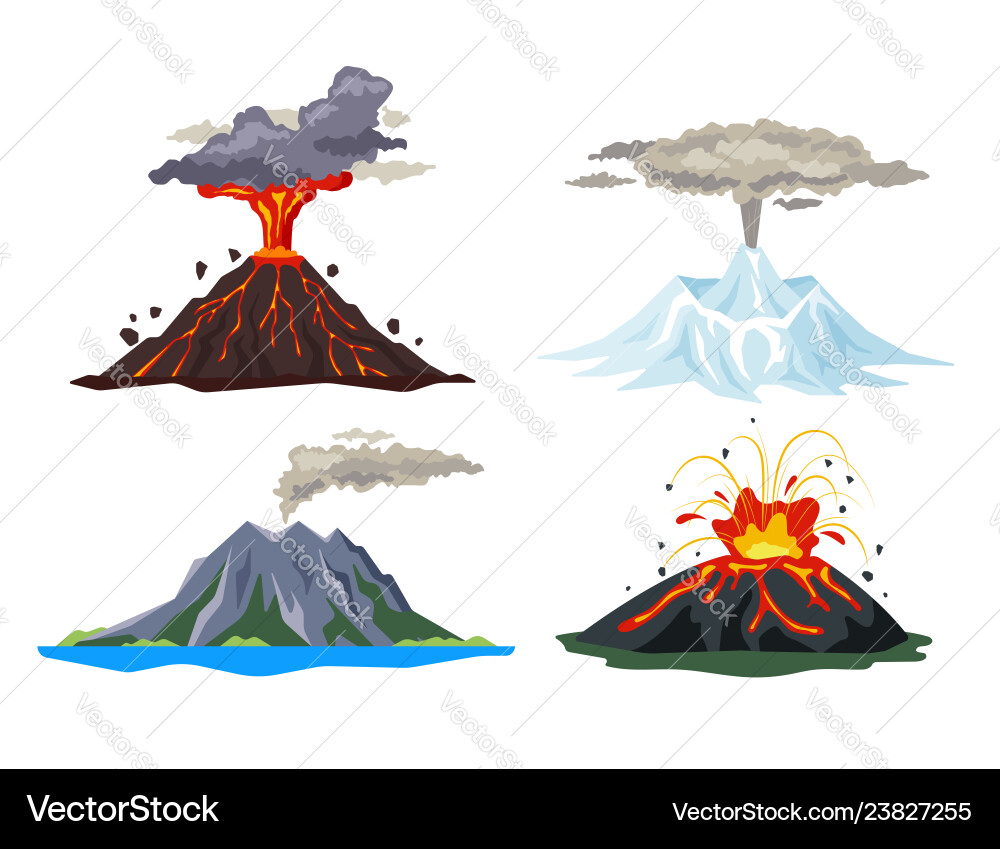 Volcano eruption set with magma smoke ashes Vector Image