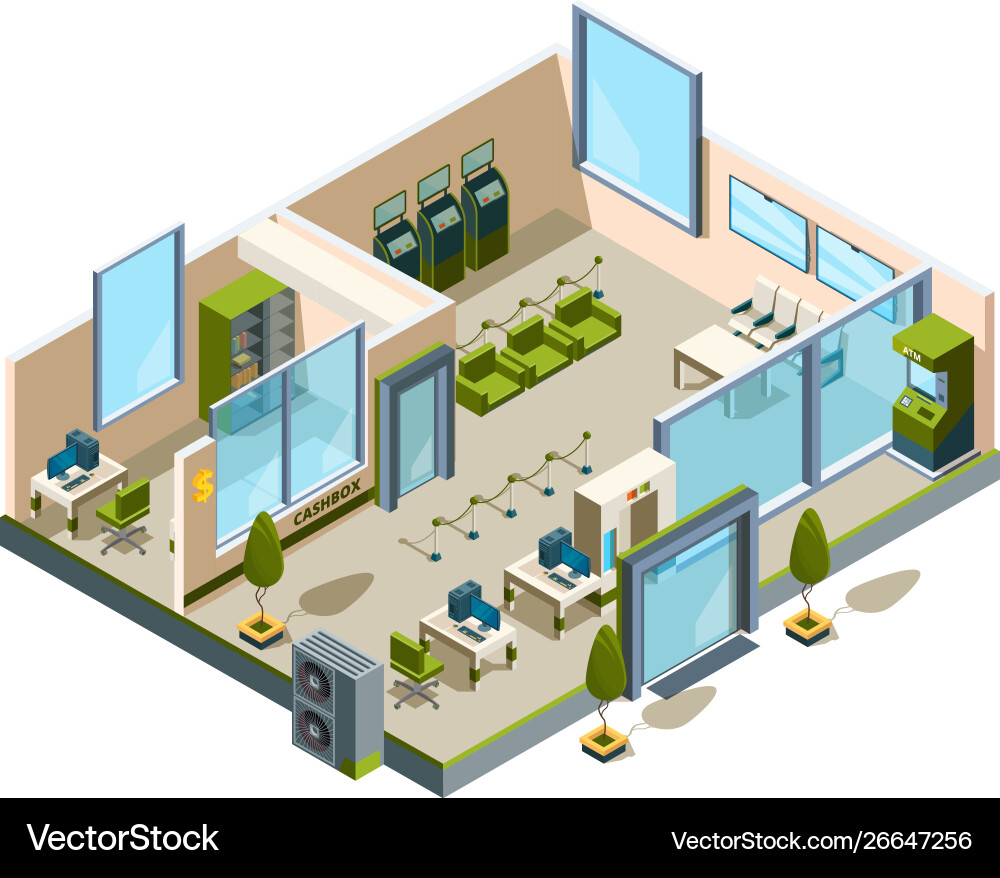 Bank isometric modern building interior office Vector Image