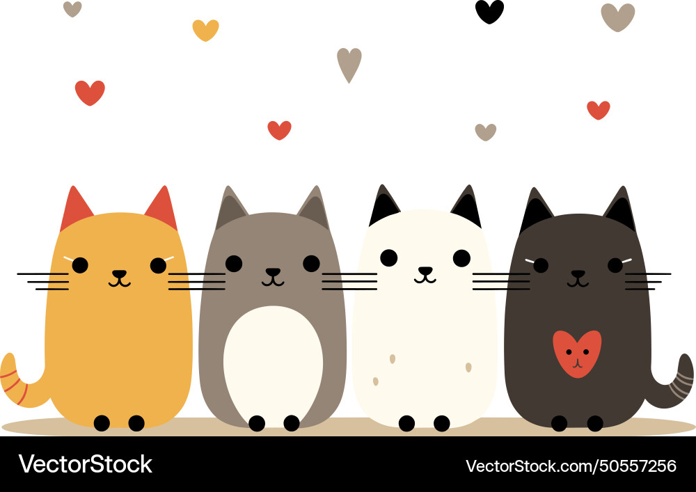 Four cute cartoon cats sit row charming Royalty Free Vector