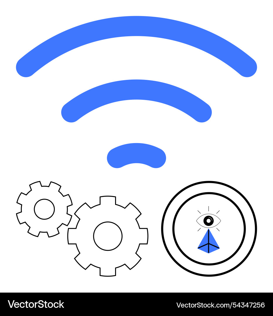 Wireless signal with gears and eye representing Vector Image