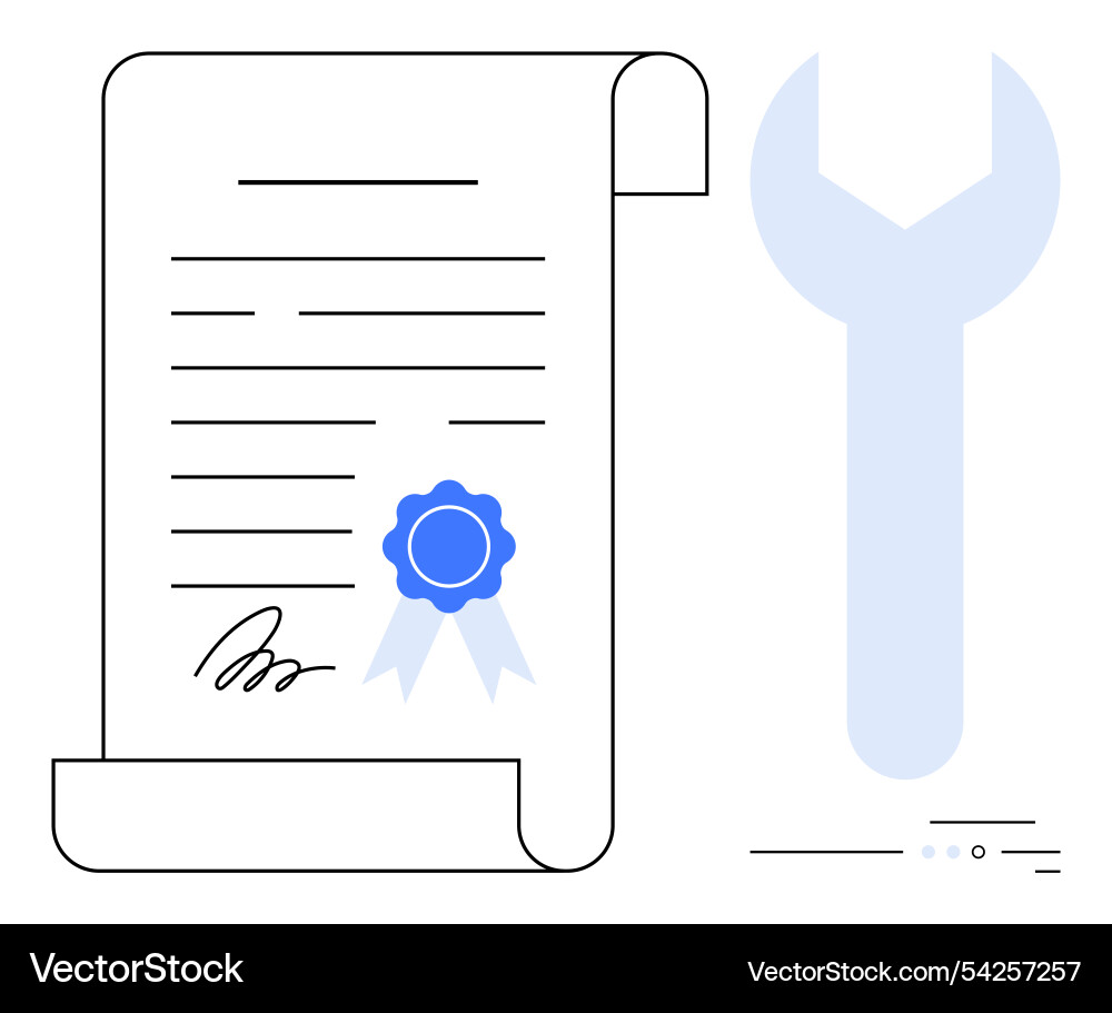 Certificate with ribbon next to large wrench Vector Image