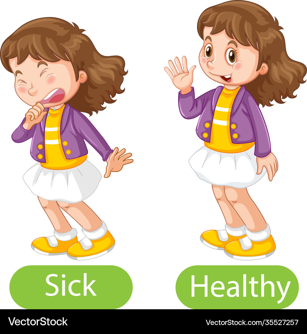 Opposite words with sick and healthy Royalty Free Vector