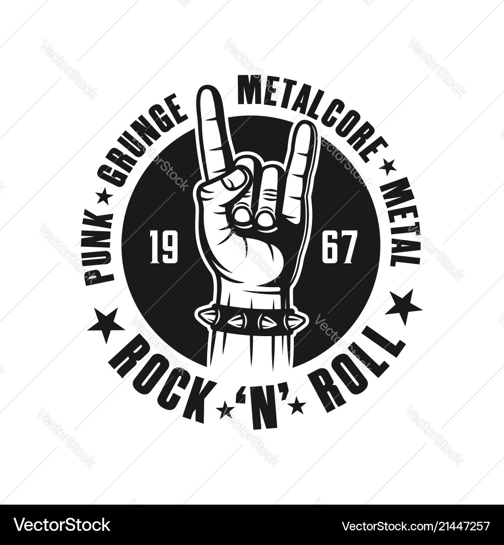 Rock 'n' Roll Emblem with Hand Gesture Royalty Free Vector