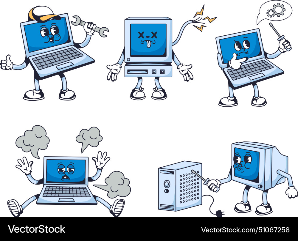 Computer service mascot laptop repair character Vector Image
