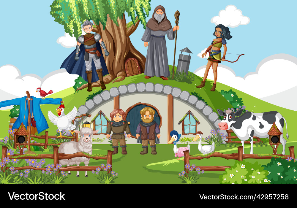 Enchanted scene with medieval cartoon characters Vector Image