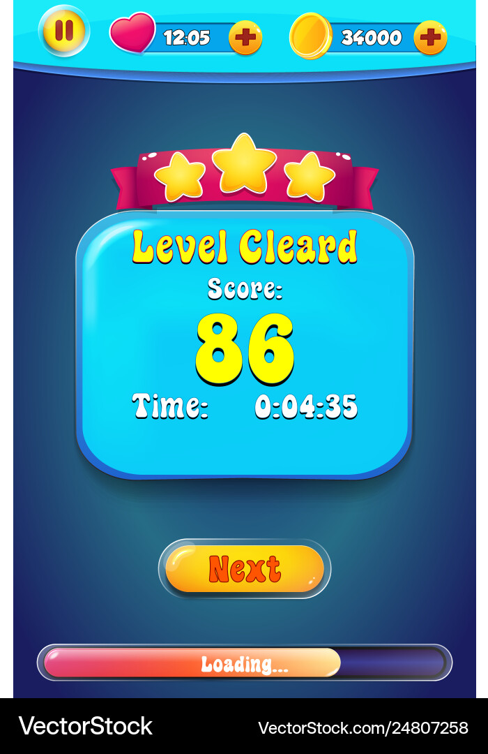 Level complete menu pop up with stars score Vector Image