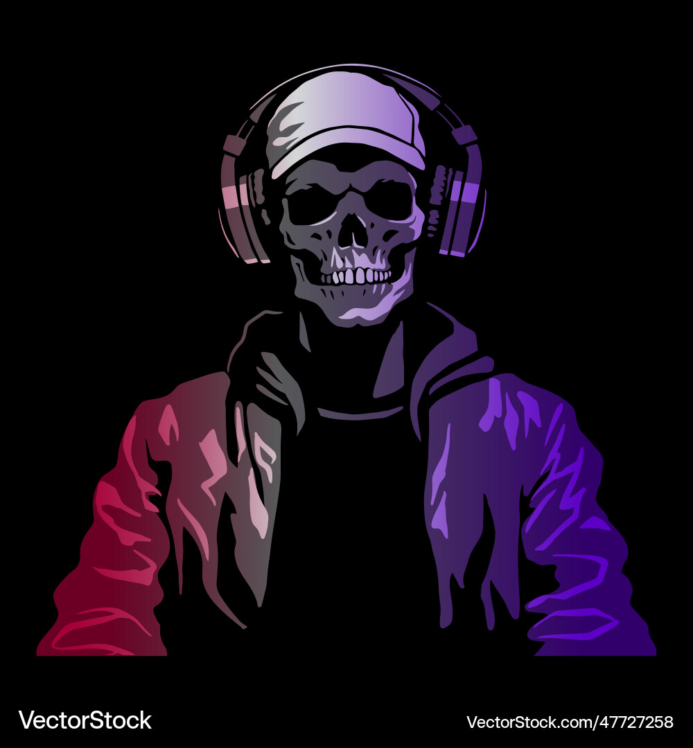 Skeleton in headphones and jacket on a dark Vector Image