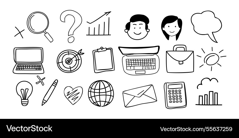 Business related objects and elements doodle icons