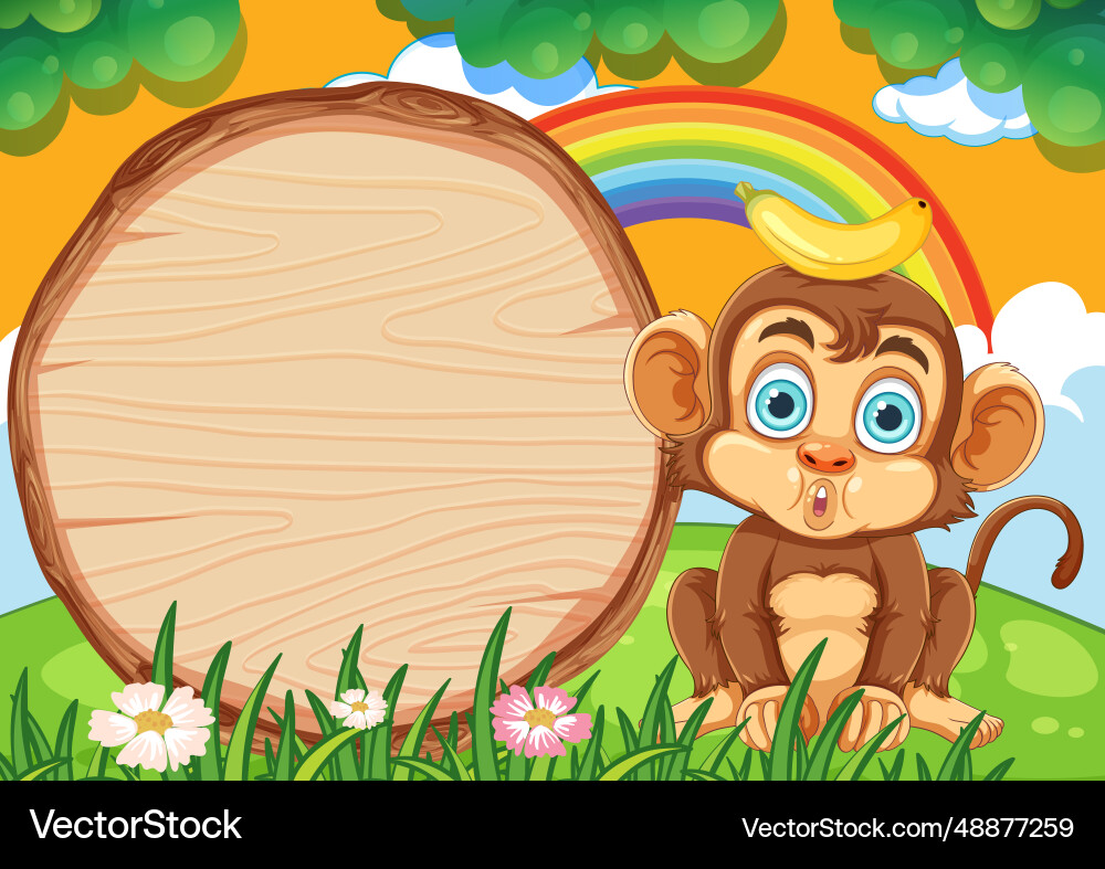 Cute monkey with empty wooden board Royalty Free Vector