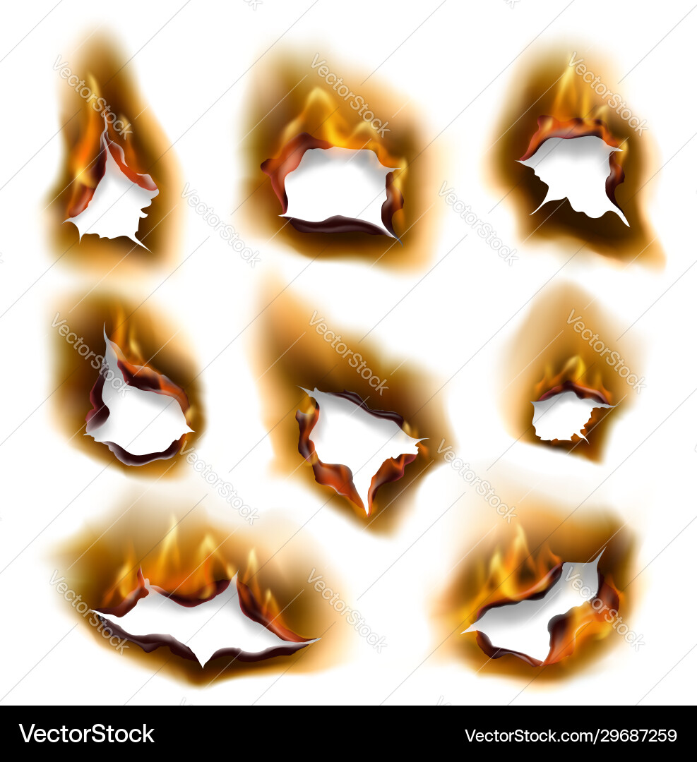 Realistic burning fire flames burnt paper holes Vector Image