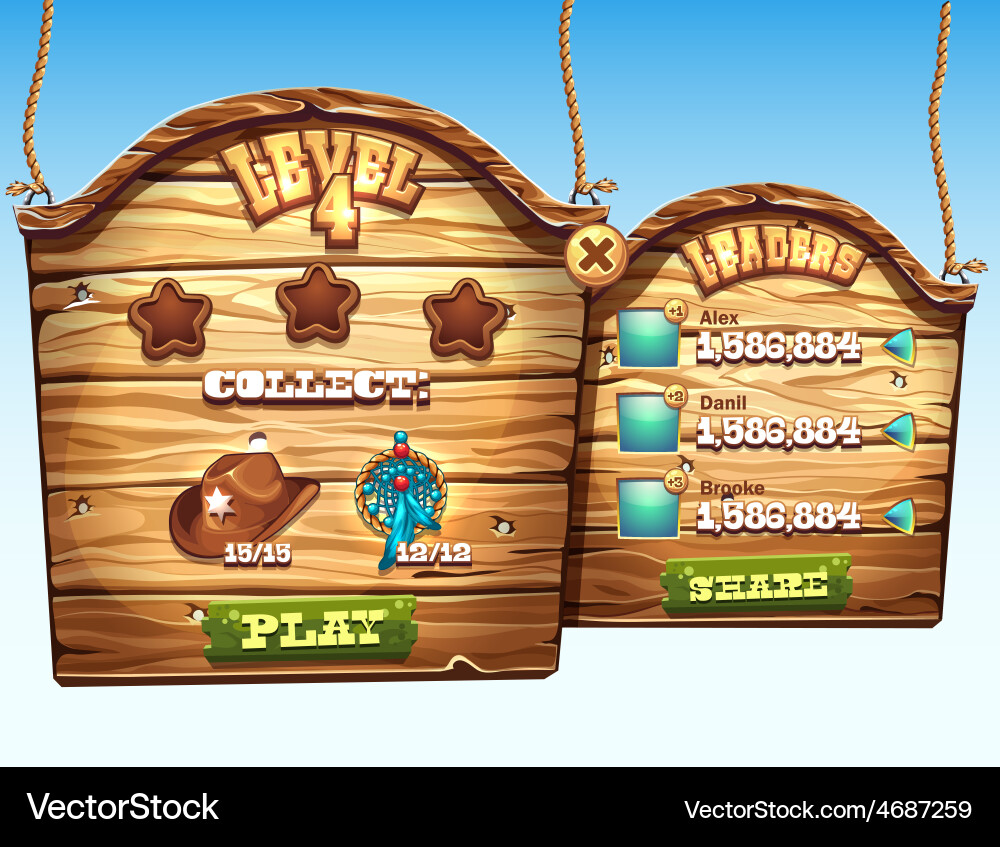 Wooden Windows Level UI Elements Royalty Free Vector Image