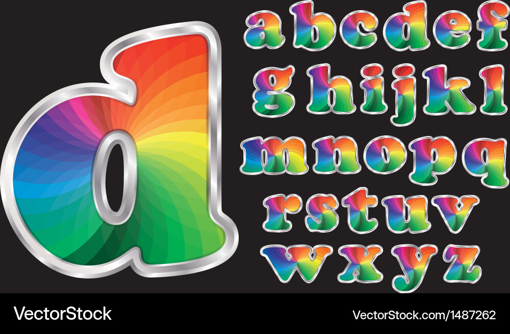 Bunte Regenbogen Alphabet mit silbernem Rahmen Vektorbild