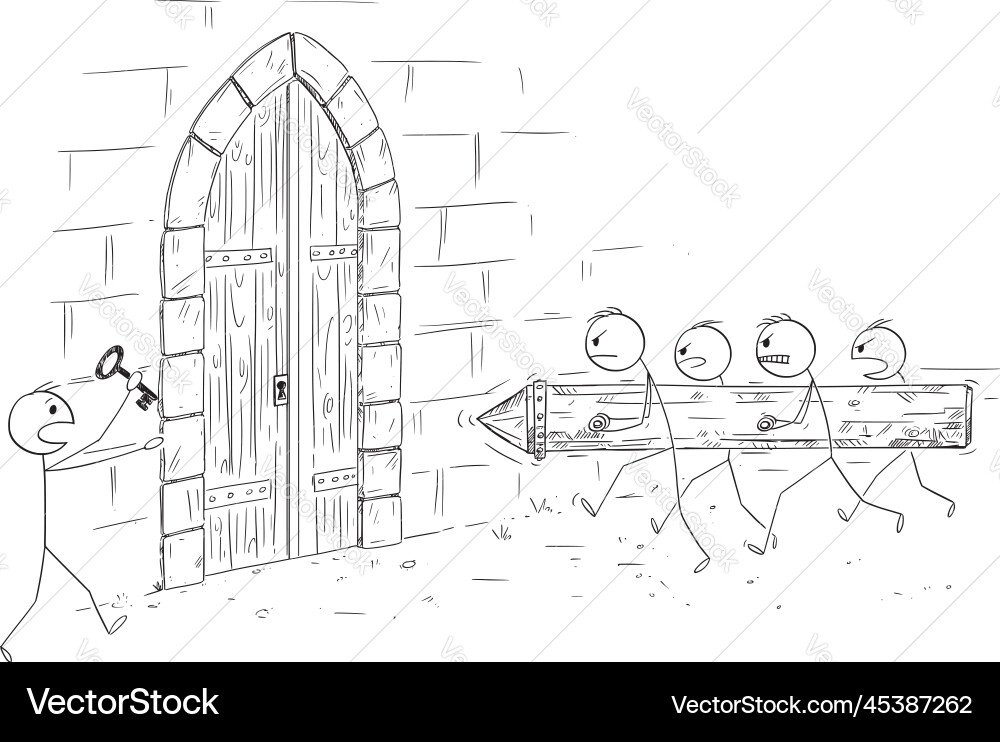 Group of person attacking gate with battering ram Vector Image